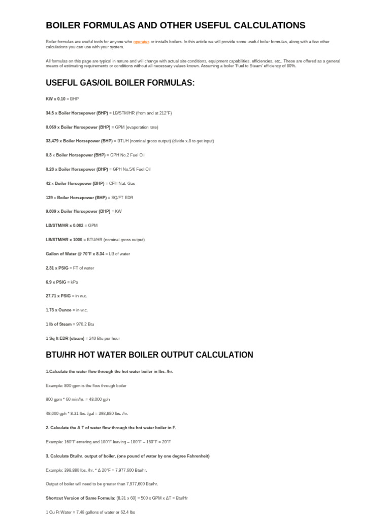 Boiler Formulas and Other Useful Calculations | PDF | Horsepower ...
