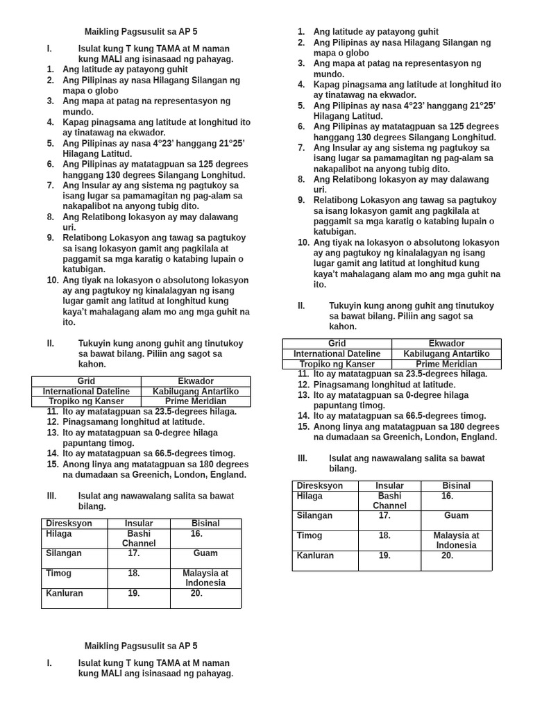 Maikling Pagsusulit Sa AP 5 | PDF