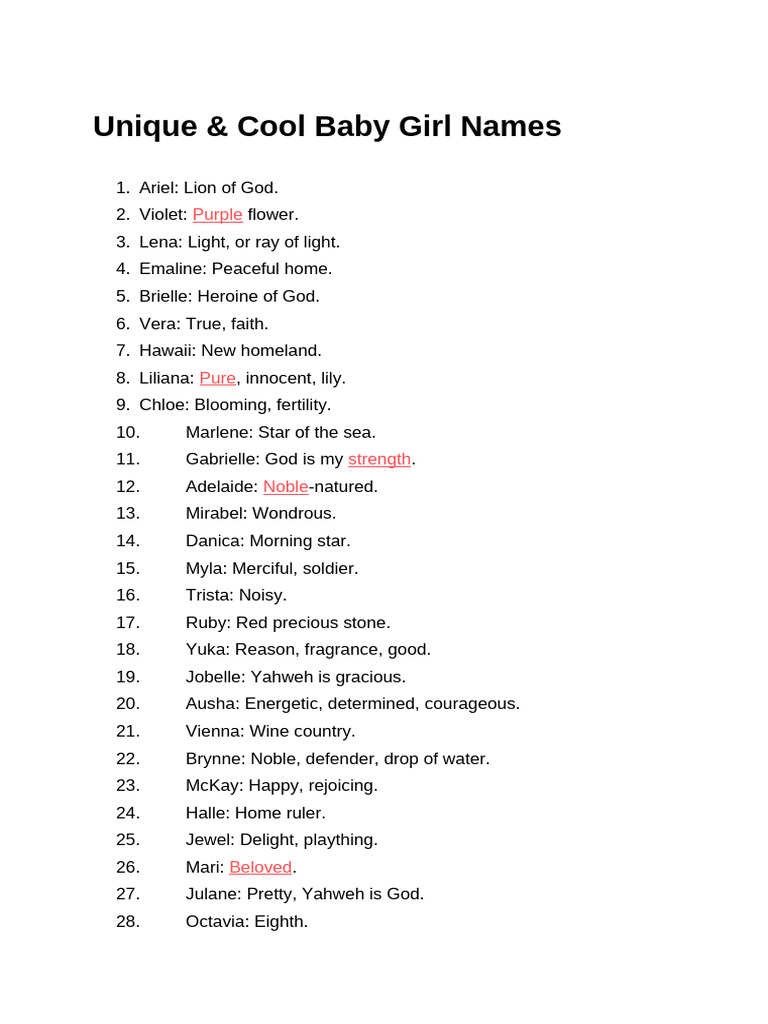 Unique Cool Baby Girl Names List | PDF