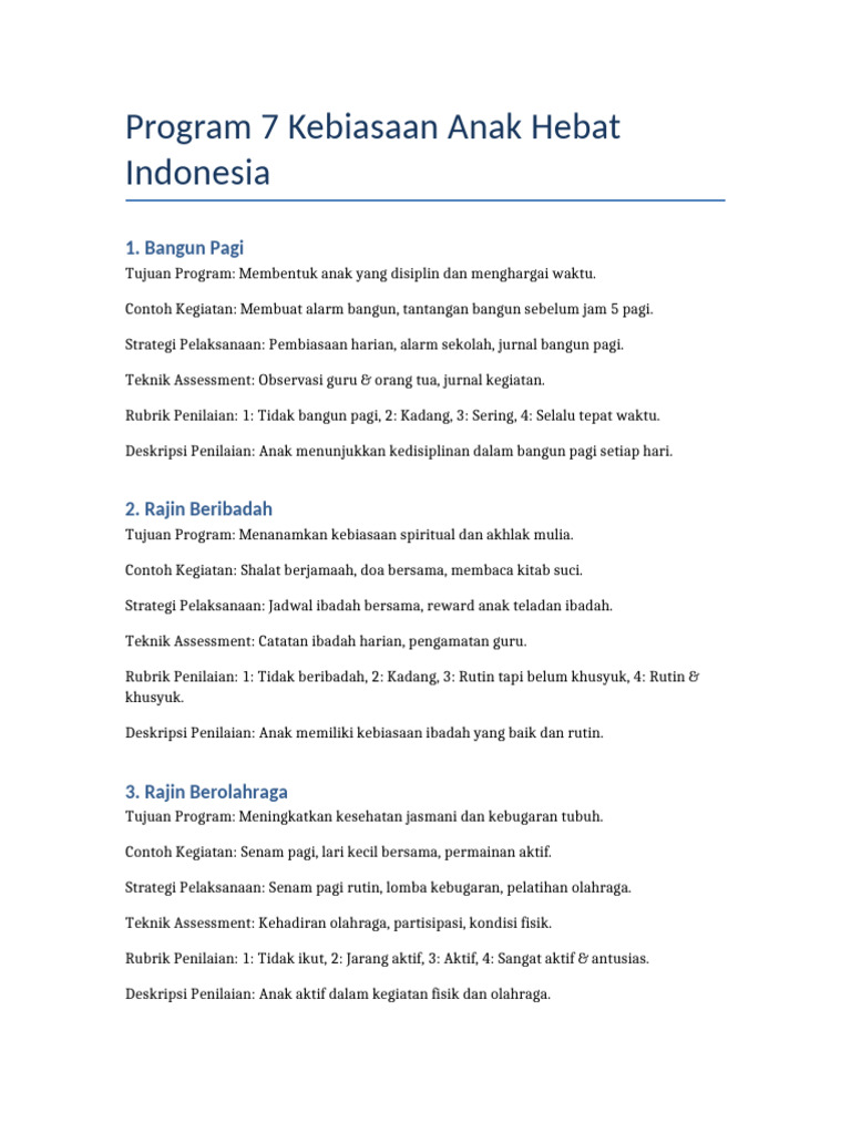 Program 7 Kebiasaan Anak Hebat Indonesia | PDF