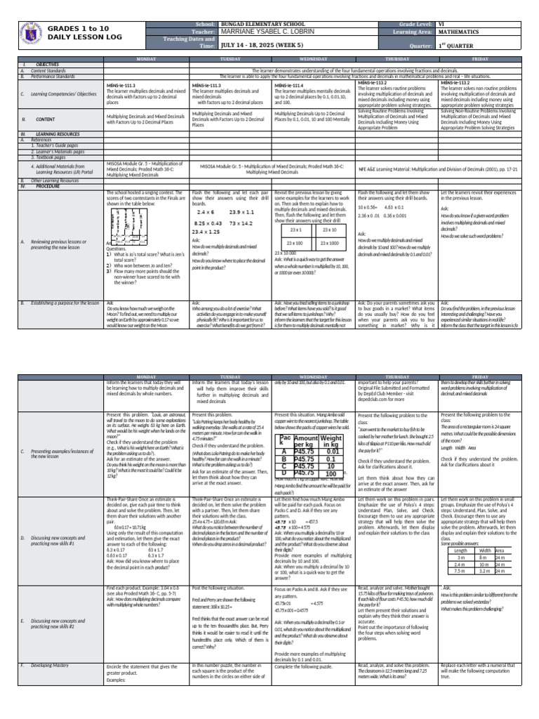 DLL Mathematics 6 q1 w5 | PDF | Multiplication | Learning