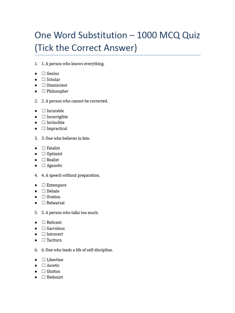 One Word Substitution Quiz: 1000 MCQs | PDF | Polygamy