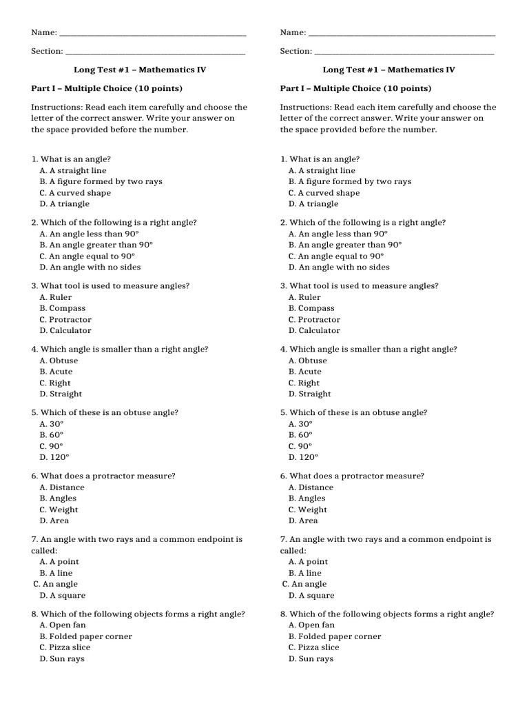 Right Angles and Supplementary Angles Test | PDF | Angle | Triangle