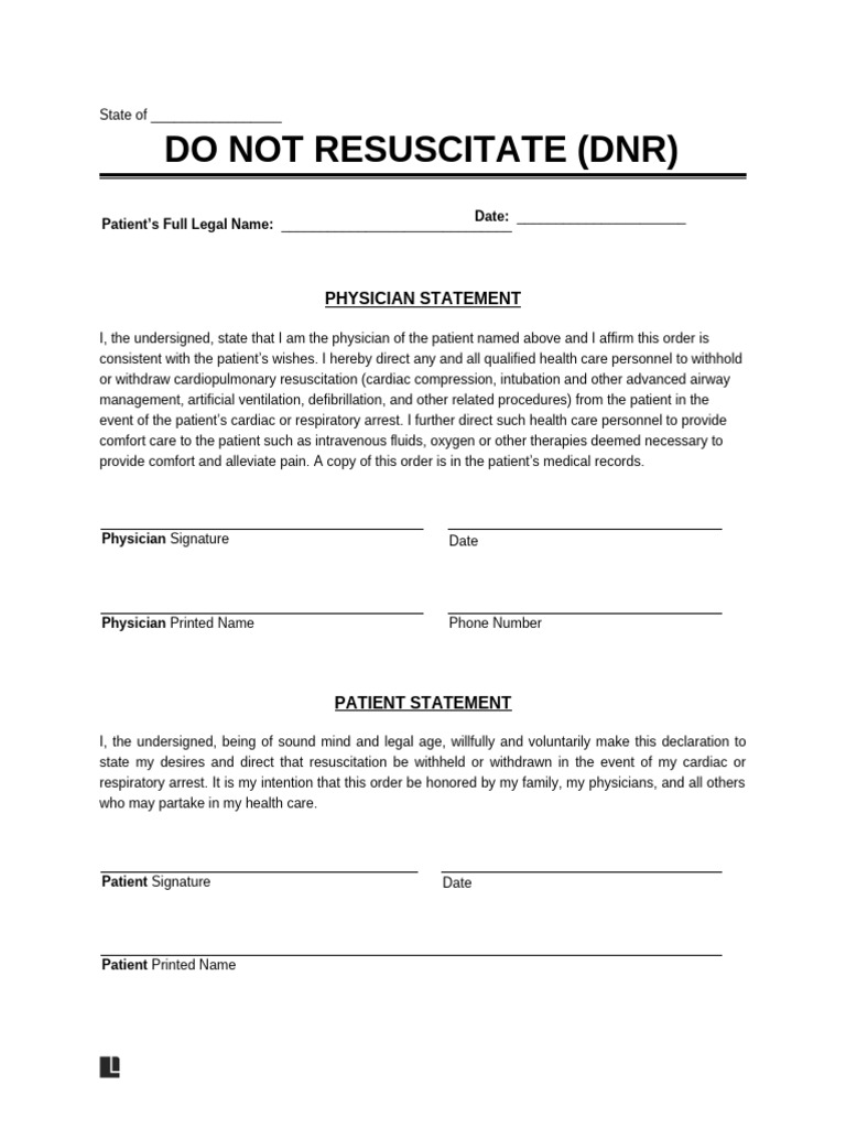 Do Not Resuscitate DNR Form | PDF | Cardiopulmonary Resuscitation ...