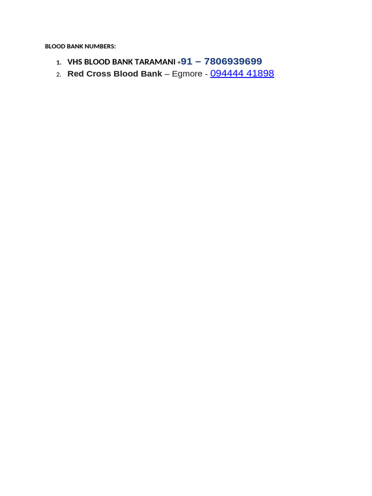 Blood Bank Numbers | PDF