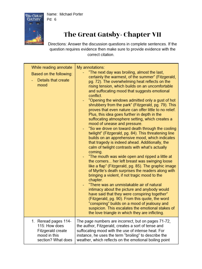 The Great Gatsby-Chapter VII: Name: Michael Porter PD: 6 | PDF | The ...
