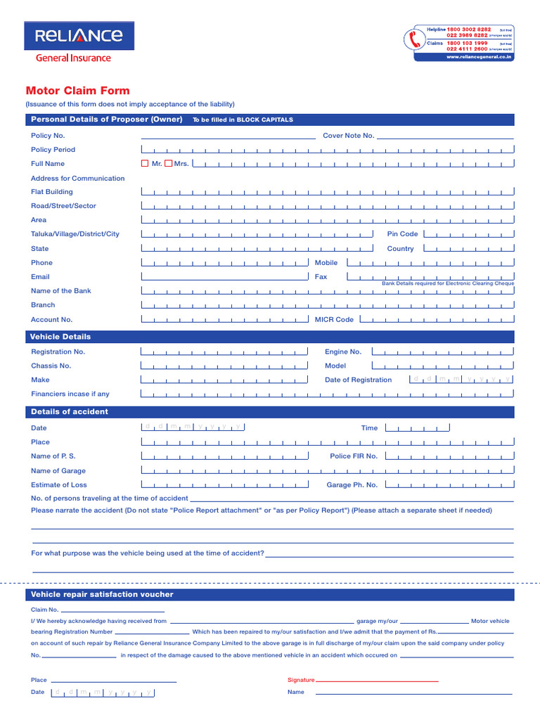 Reliance Motor Claim Form Guide | PDF | Insurance | Cheque