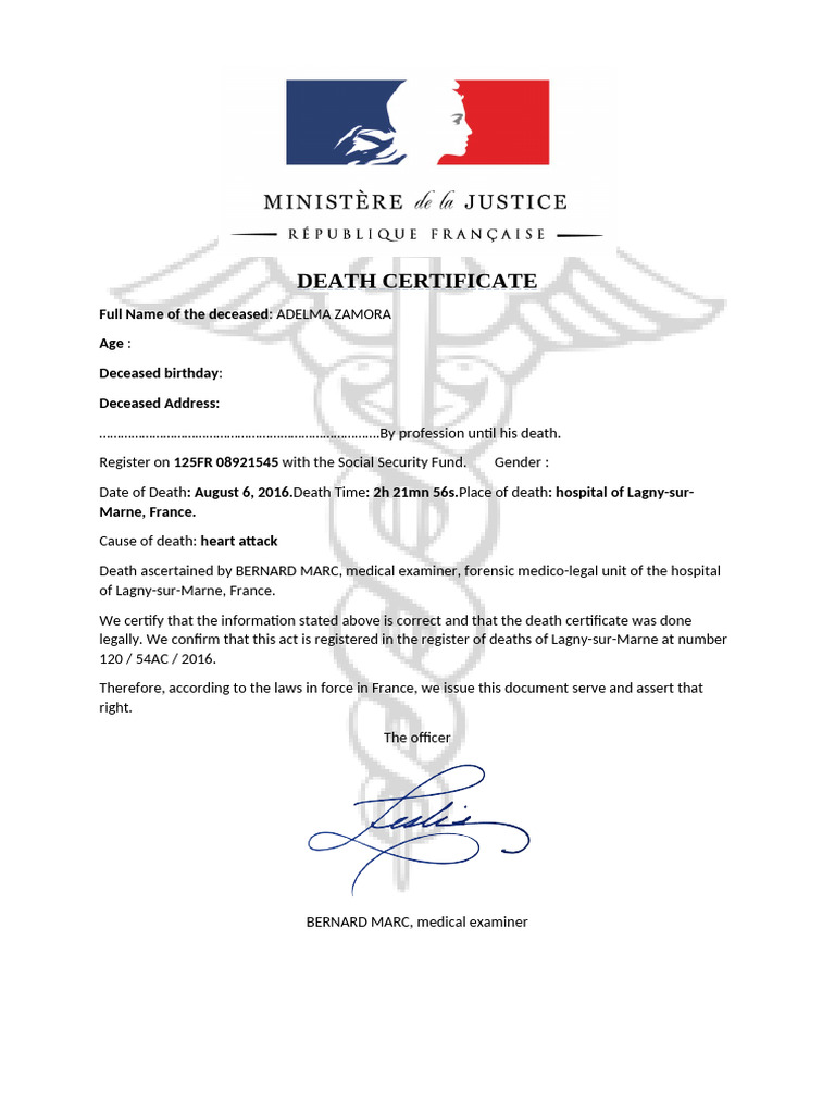 Death Certificate for Adelma Zamora | PDF