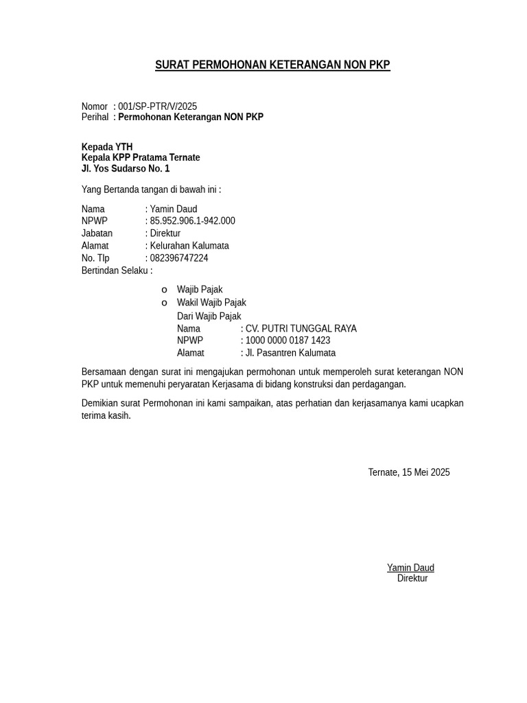Surat Permohonan Keterangan Non PKP | PDF