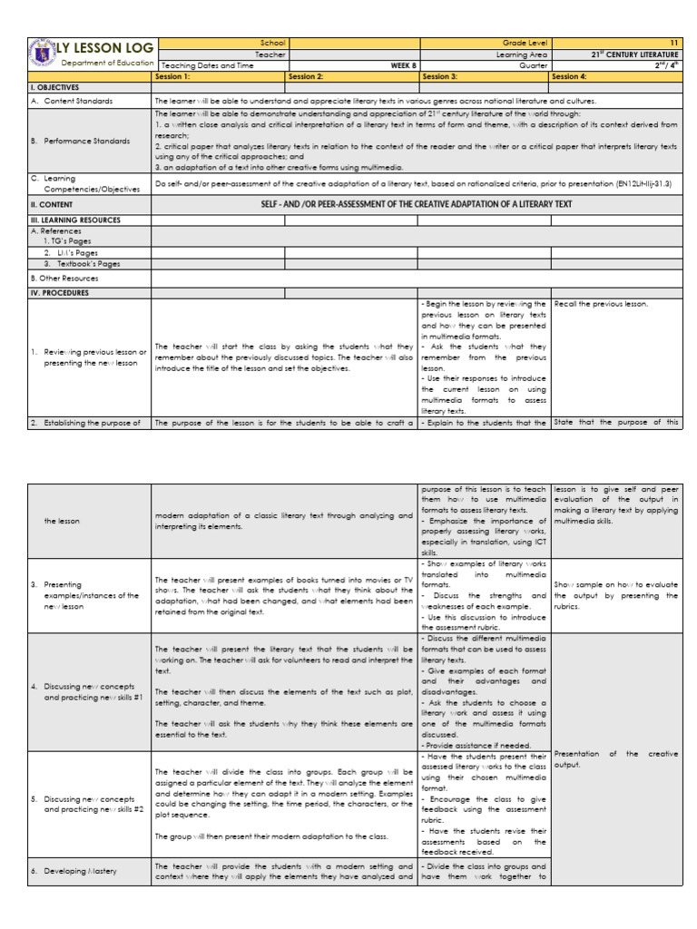 21st Century Literature Lesson Plan | PDF | Multimedia | Educational ...