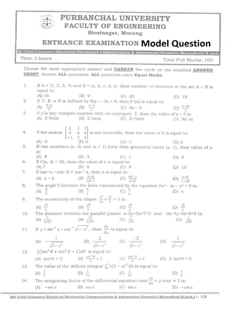 BE Entrance Examination Model Question 2024 | PDF