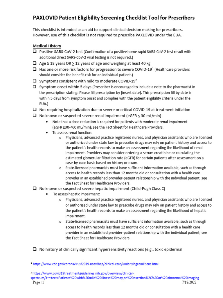 PAXLOVID Patient Eligibility Screening Checklist Tool For Prescribers ...