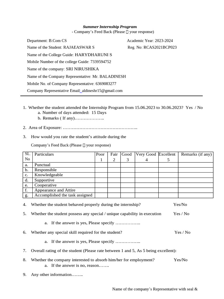 Summer Internship Feedback Form 2023 | PDF