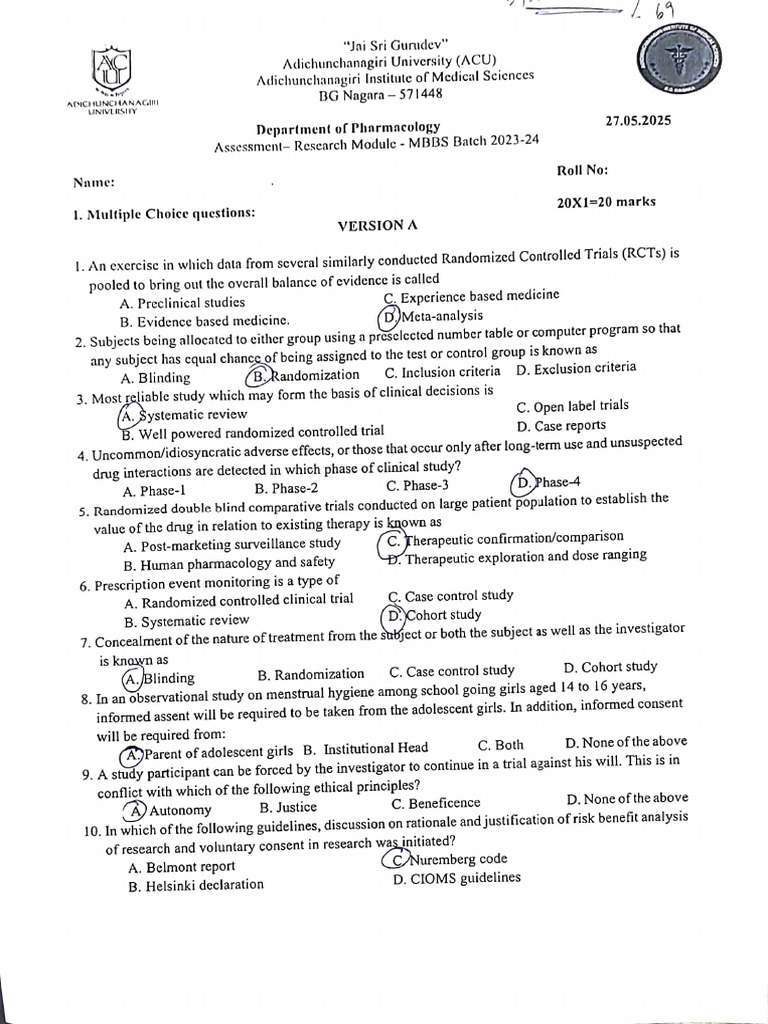 Key Version A Research Module MBBS Batch 2023-24 | PDF | Randomized Controlled Trial | Phases Of ...