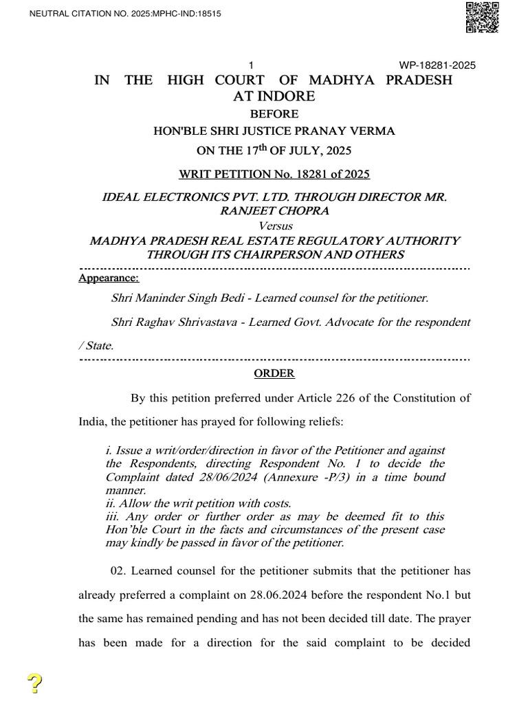 WP 18281 2025 FinalOrder 17-07-2025 Digi Prasti Hill Rera | PDF ...