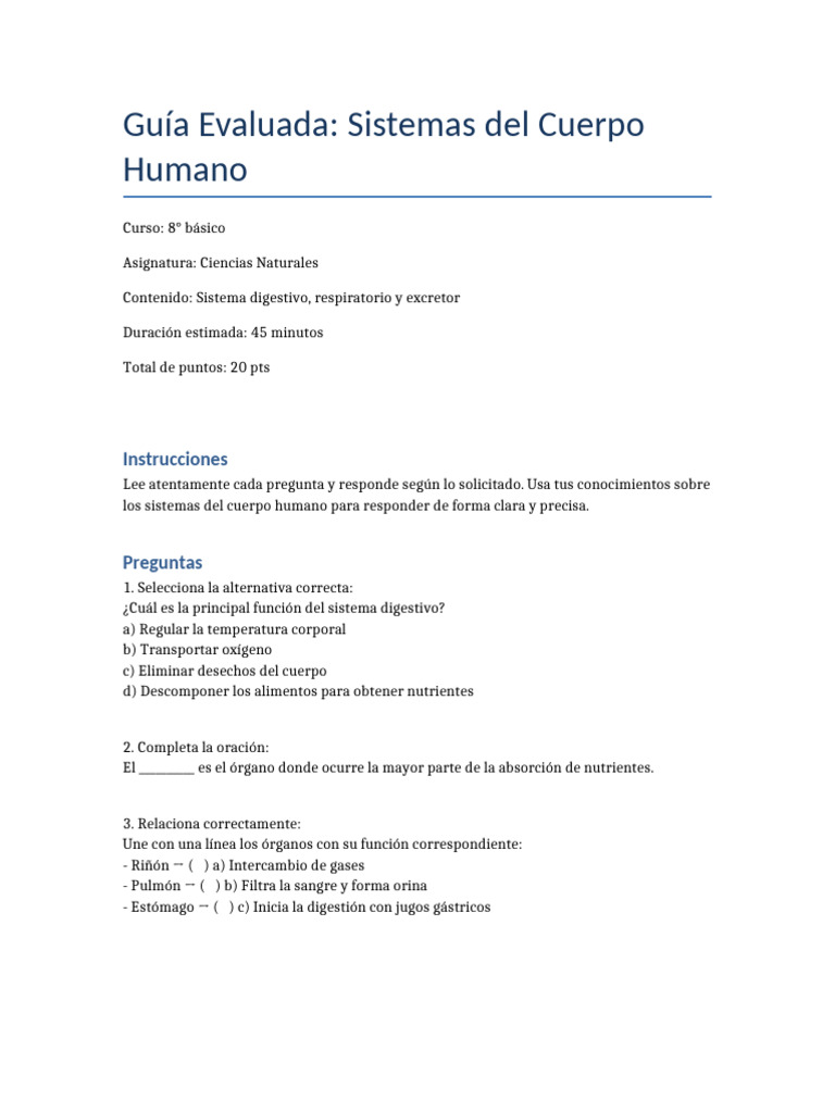 Guia Evaluada Sistemas Cuerpo Humano | PDF | Sistema digestivo humano | Digestión