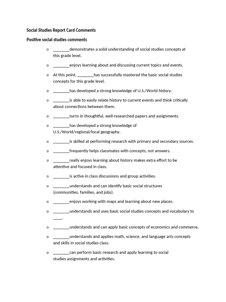 Social Studies Report Card Comments | PDF | Intelligence | Cognitive ...