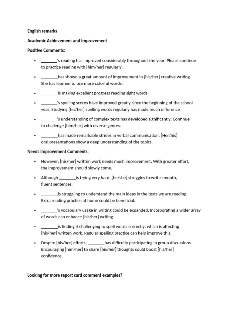 English Remarks | PDF | Reading Comprehension | Vocabulary