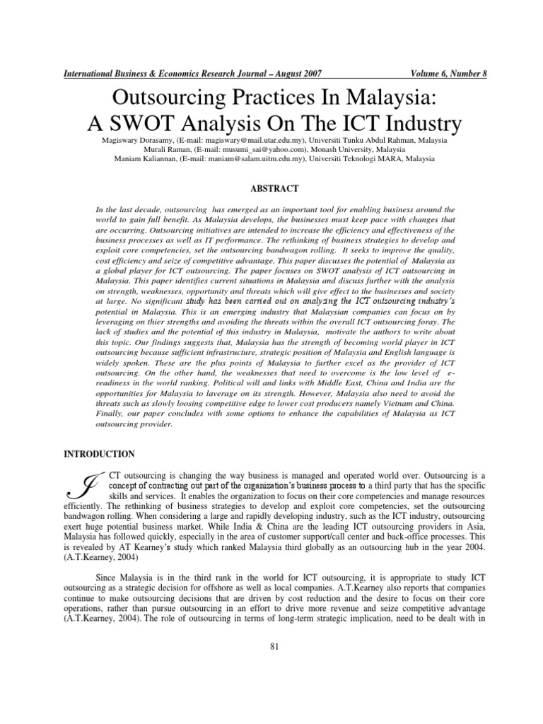 Malaysia ICT Outsourcing SWOT Analysis | PDF | Outsourcing | Swot Analysis
