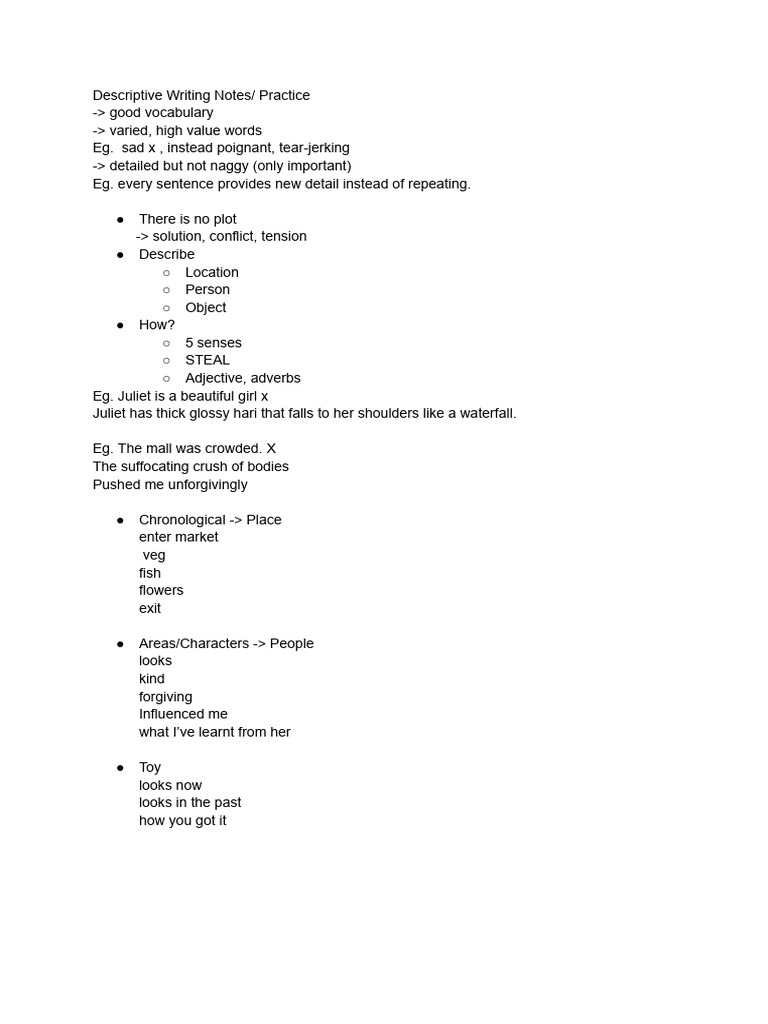 Descriptive Writing Notes - Practice | PDF