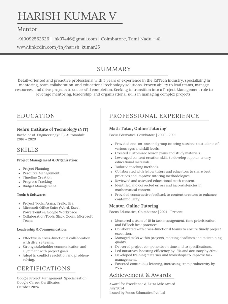 Harish Kumar Resume | PDF | Project Management | Educational Technology