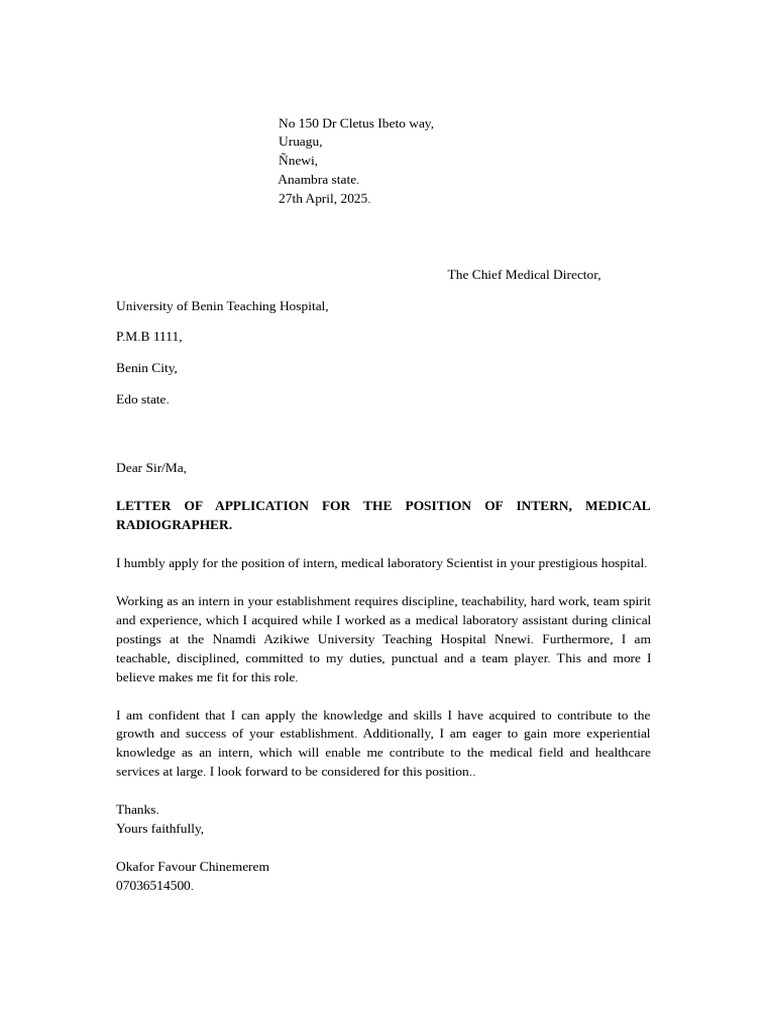 Internship Application for Medical Radiographer | PDF