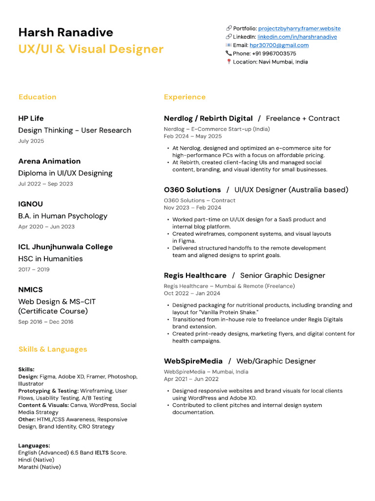 Harsh Ranadive's Resume (Updated) | PDF | User Interface | Computing