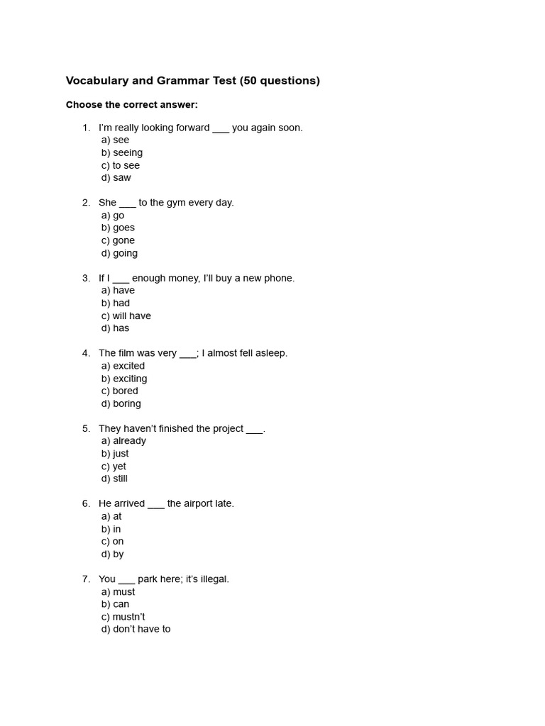 Vocabulary and Grammar Test: 50 Questions | PDF | Chess Theory | Chess