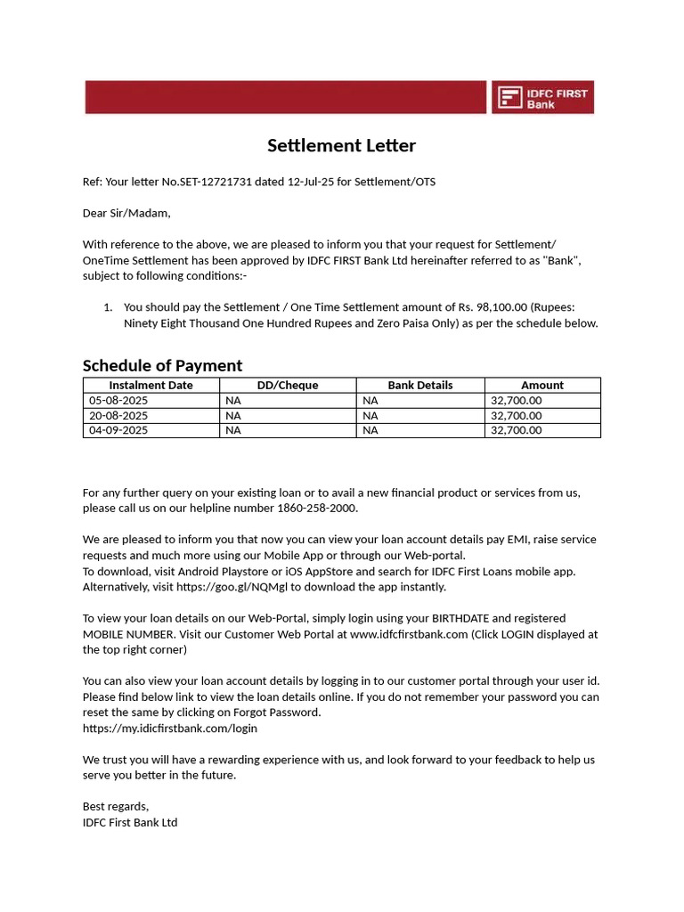 IDFC Loan Settlement Approval Notice | PDF