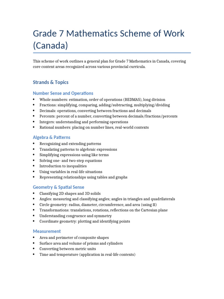 Grade 7 Math Curriculum Overview Canada | PDF | Area | Mathematics