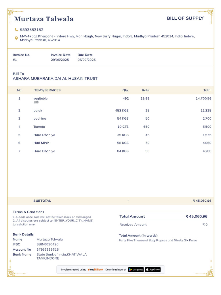 1-Sales Invoice-Ashara Mubaraka Dai Al Husain Trust | PDF