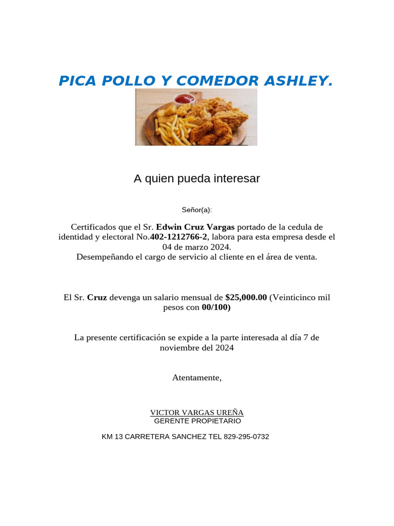 Pica Pollo y Comedor Ashley 2 | PDF