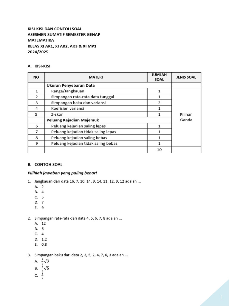 Kisi-Kisi Dan Contoh Soal Asas Genap 2425 | PDF