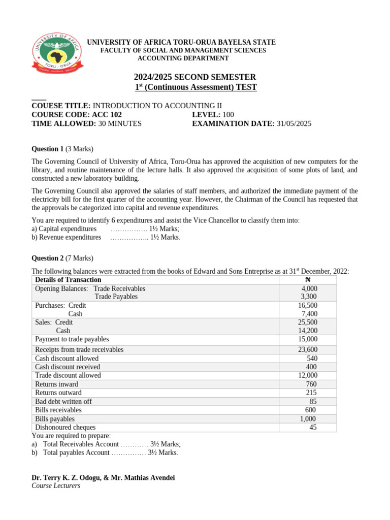 Acc 102 First Test - 093821 | PDF | Accounts Payable | Expense