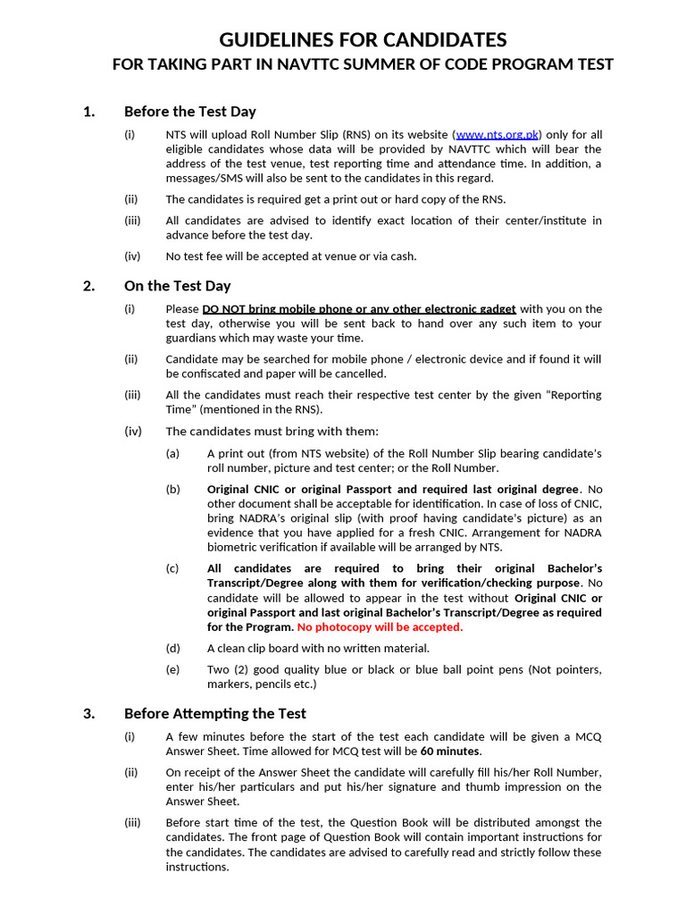 NAVTTC Summer Code Test Guidelines | PDF | Multiple Choice