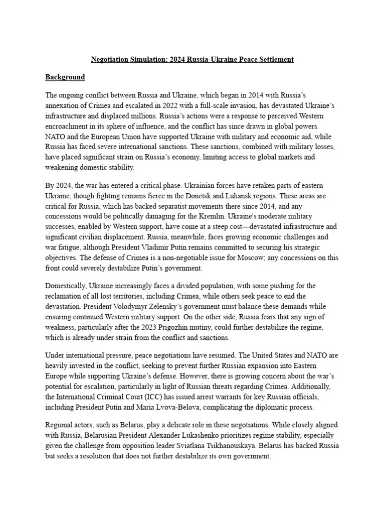 Negotiation Simulation - 2024 Russia-Ukraine Peace Settlement | PDF ...