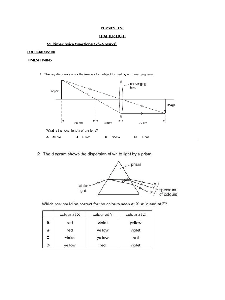 Physics Test-Chapter Light | PDF
