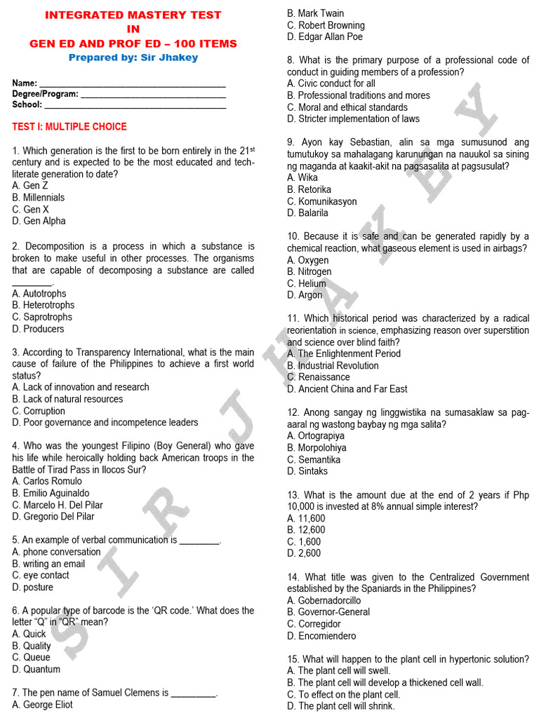 Gen Ed and Prof Ed - Mastery Test (Integrated) | PDF | Curriculum ...