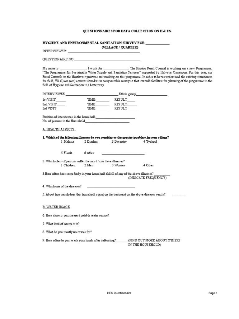 H&ES, Questionnaire For Baseline Data Collection | PDF | Sanitation ...