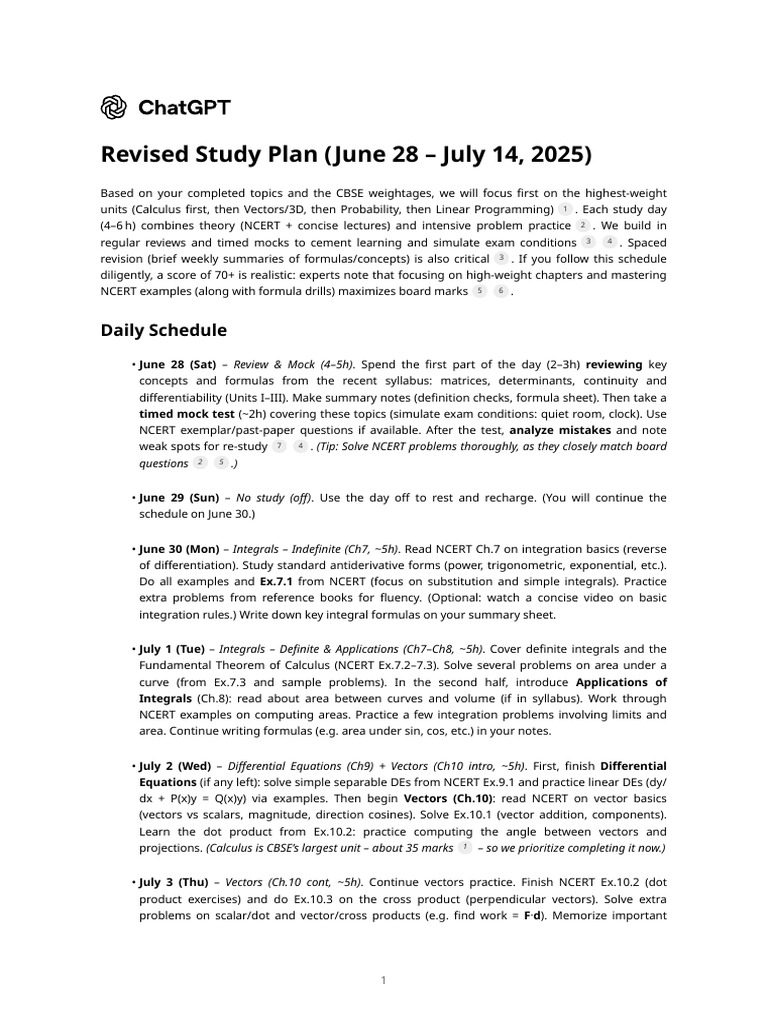 Revised Study Plan (June 28 - July 14, 2025) | PDF | Integral ...
