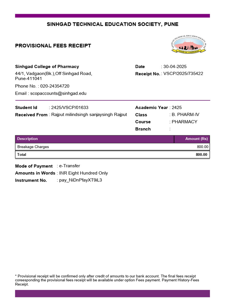 Provisional Fee Receipt | PDF