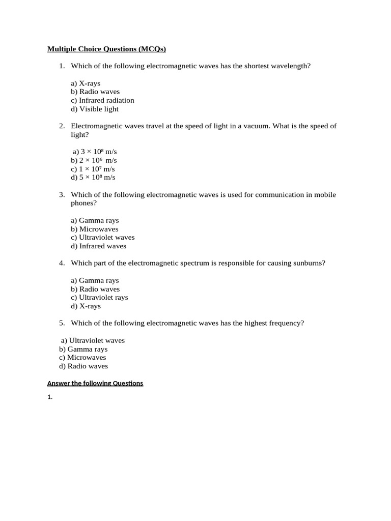 Electromagnetic Spectrum MCQs and Answers | PDF