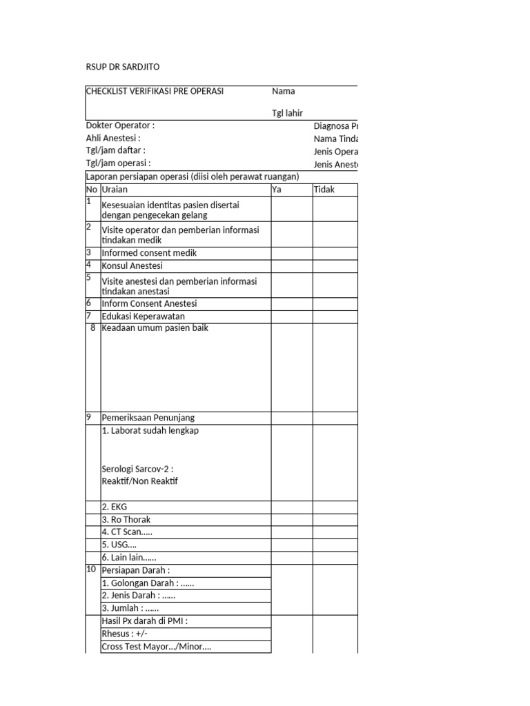 Cheklist Verifikasi Pre Op | PDF
