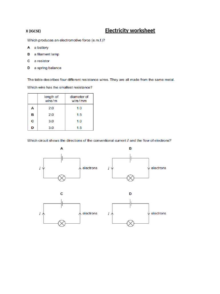 Electricity Worksheet | PDF