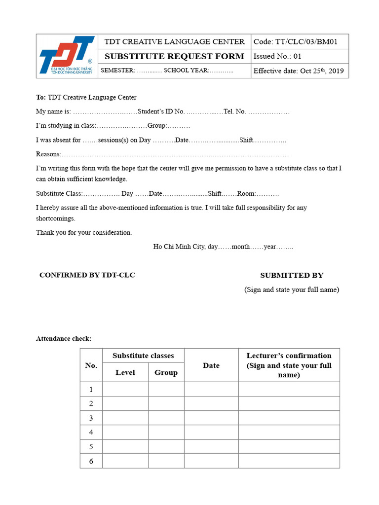 03.BM01 Substitute Request Form | PDF