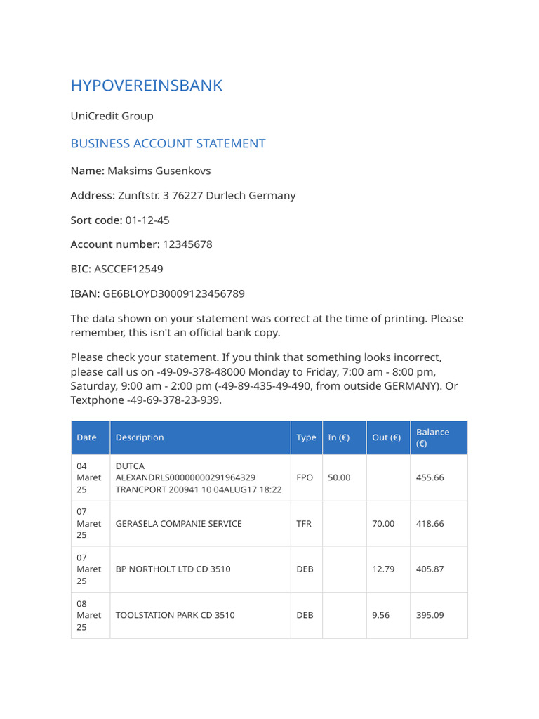 Business Account Statement | PDF | Personal Finance | Regulation
