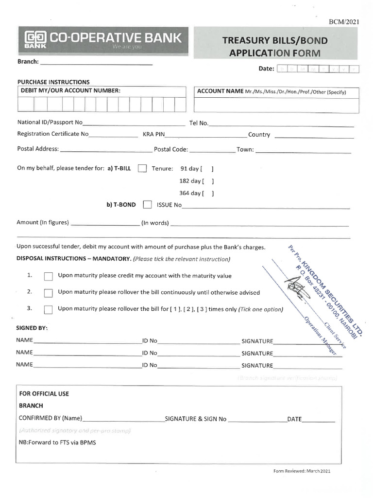 Co Operative Bank Treasury Bills and Bonds Application Forms Individual Investor.. | PDF