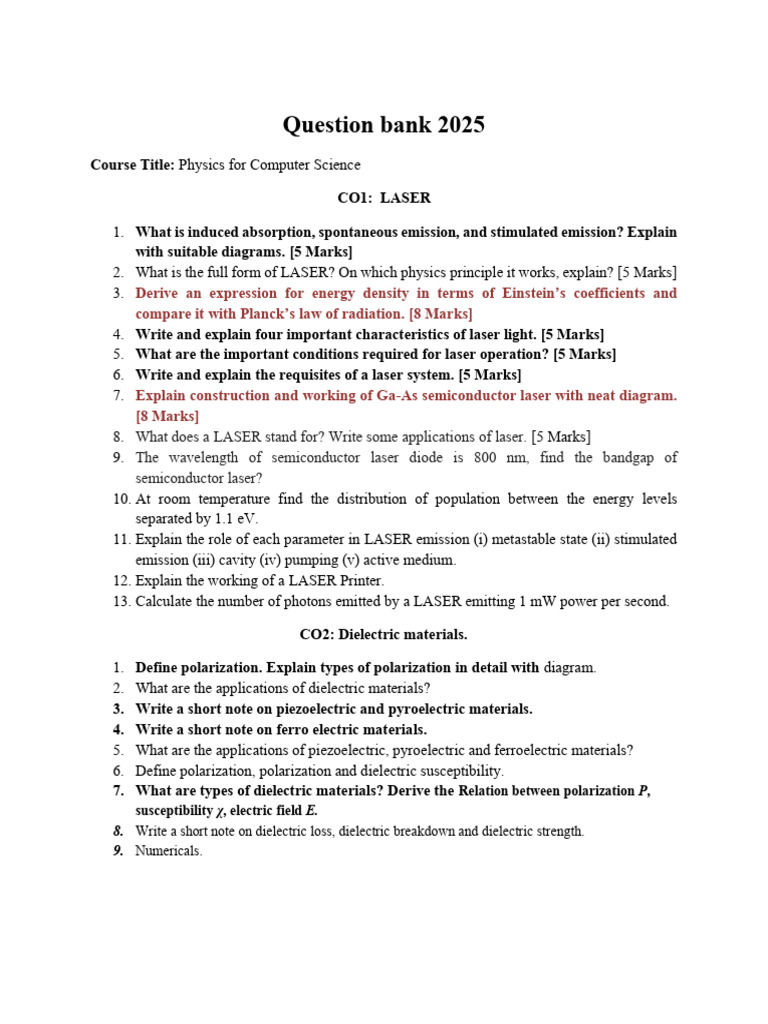 Exam Questions for Physics Course 2025 | PDF | Optical Fiber | Laser