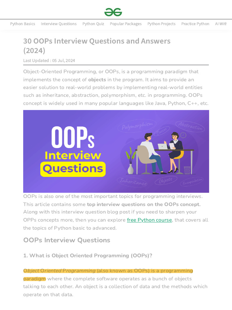 30 OOPs Interview Questions and Answers (2024) | PDF | Object Oriented Programming | Method ...