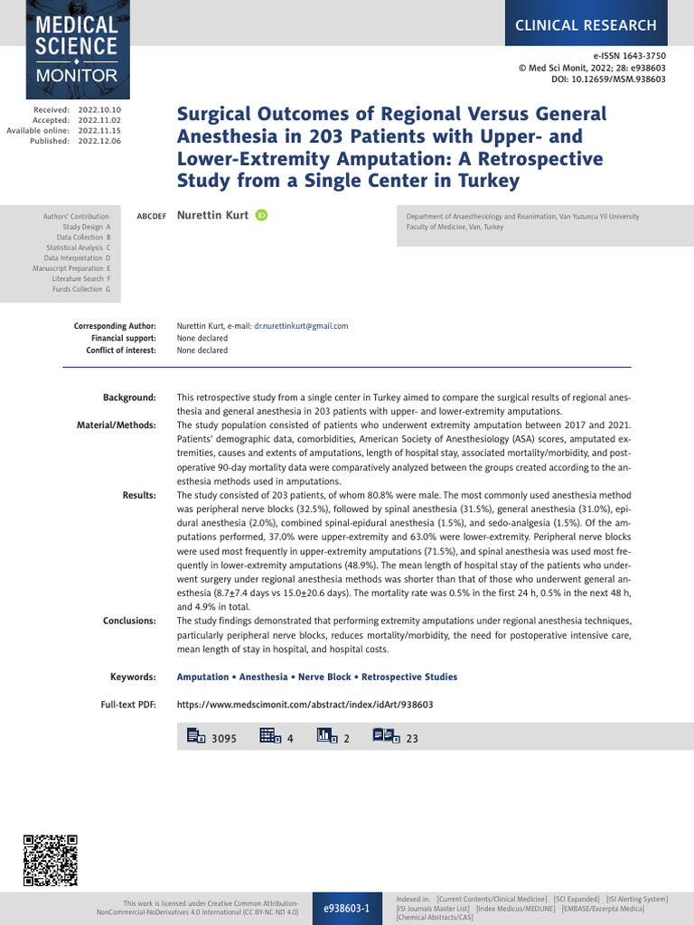 Surgical Outcomes of Regional Versus General Anesthesia in 203 Patients ...